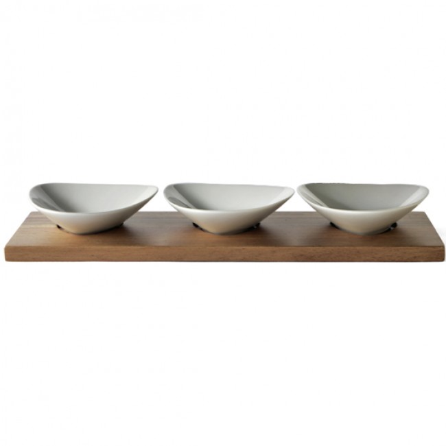 Just White 3 Mini Dishes On Acacia Serving Tray - Binuns